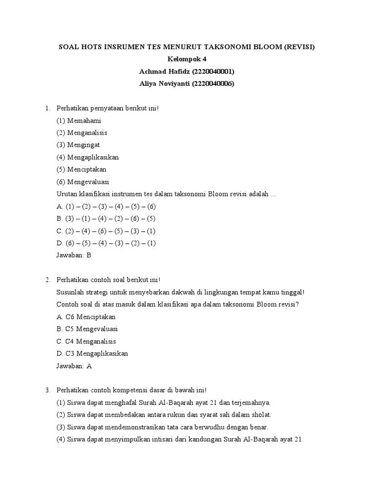 Soal Hots Insrumen Tes Menurut Taksonomi Bloom | PDF | Karier ...