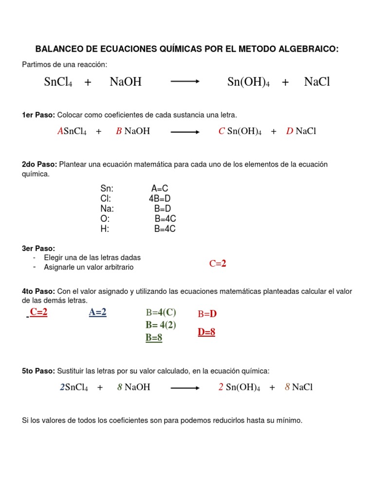 Balanceo de Ecuaciones Químicas Por El Metodo Algebraico | PDF