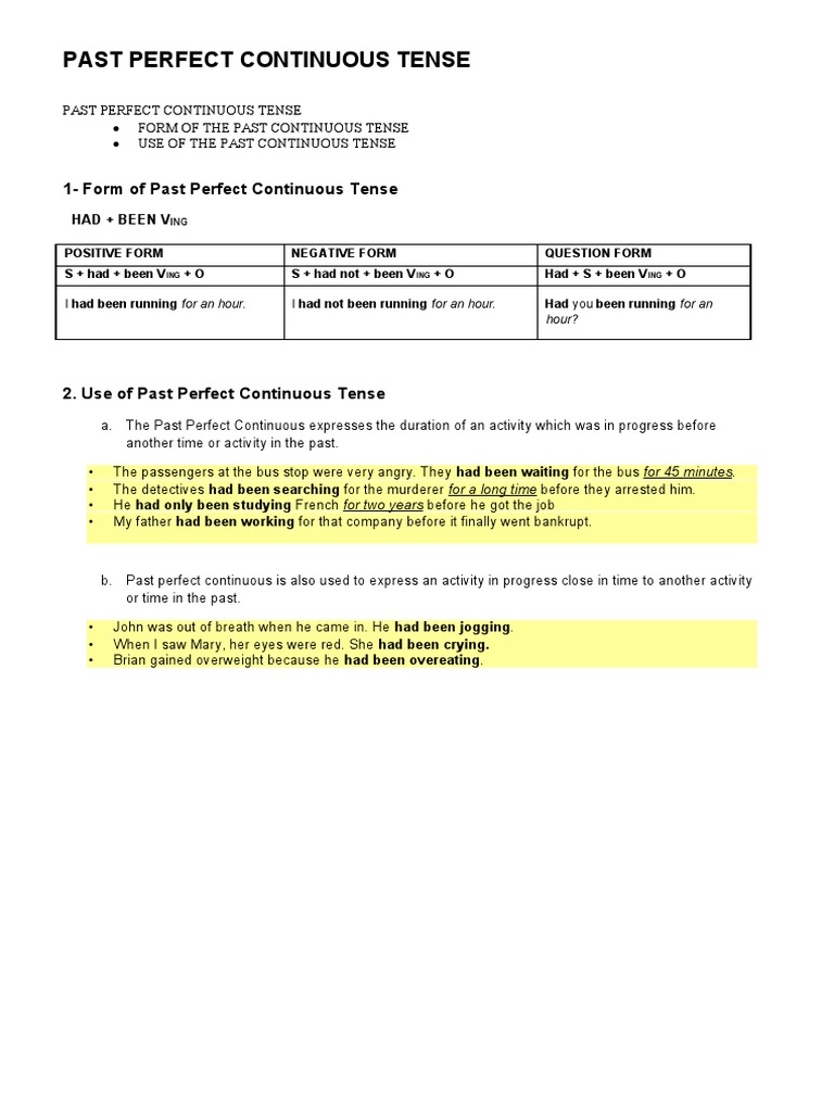 Past Perfect Continuous Tense | PDF