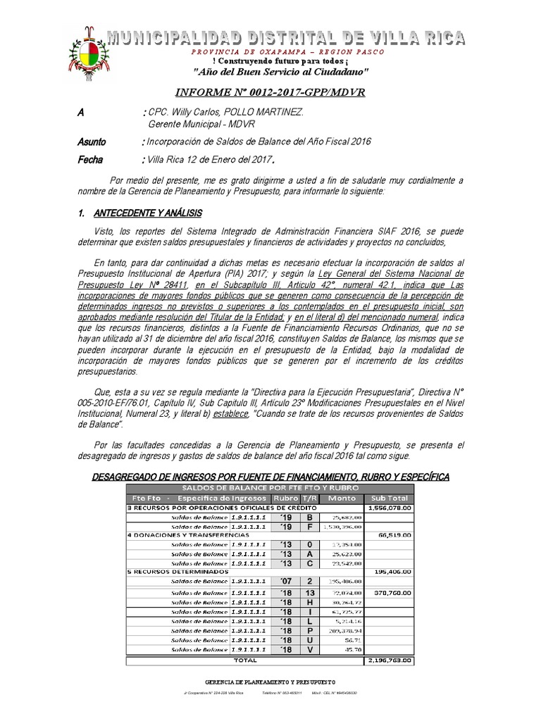 INFORME #0012 Saldos de Balance 2016 - FINAL | PDF | Presupuesto | Gobierno