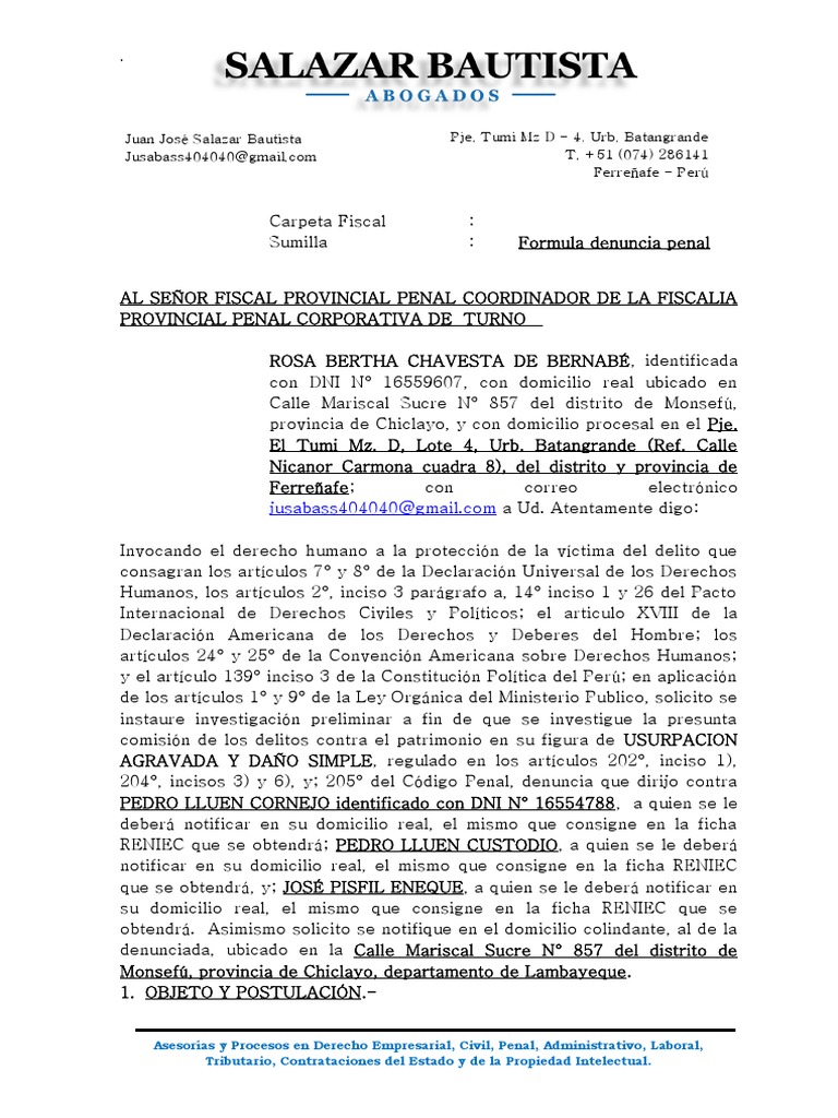 Modelo de Denuncia Por Usurpacion y Daños de Acuerdo Con El NCPP | PDF ...
