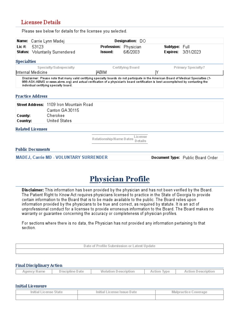 Licensure Details For Carrie Lynn Madej, Georgia Composite Medical ...
