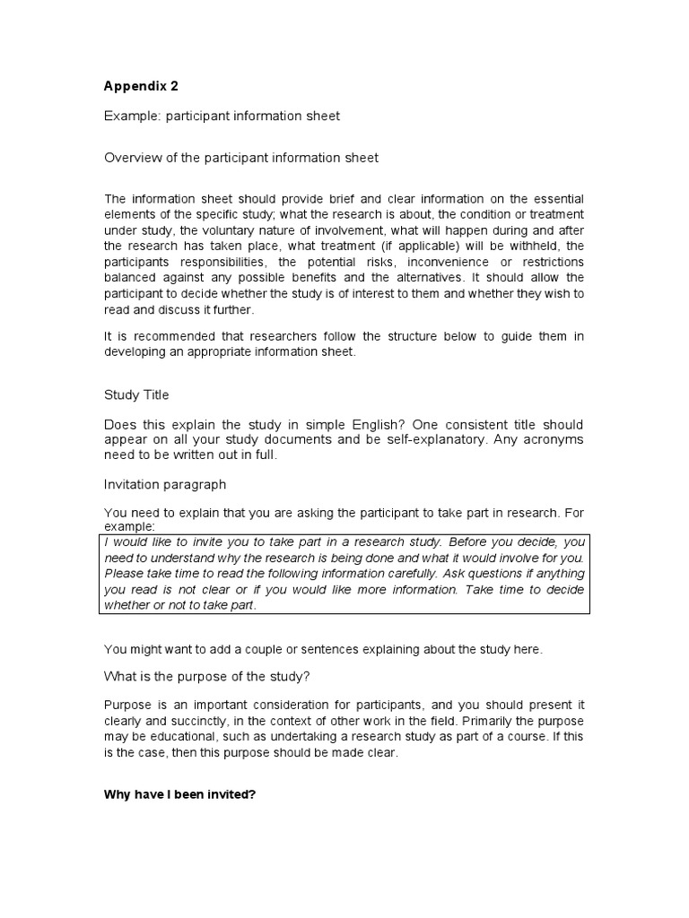 Example Of A Participant Information Sheet
