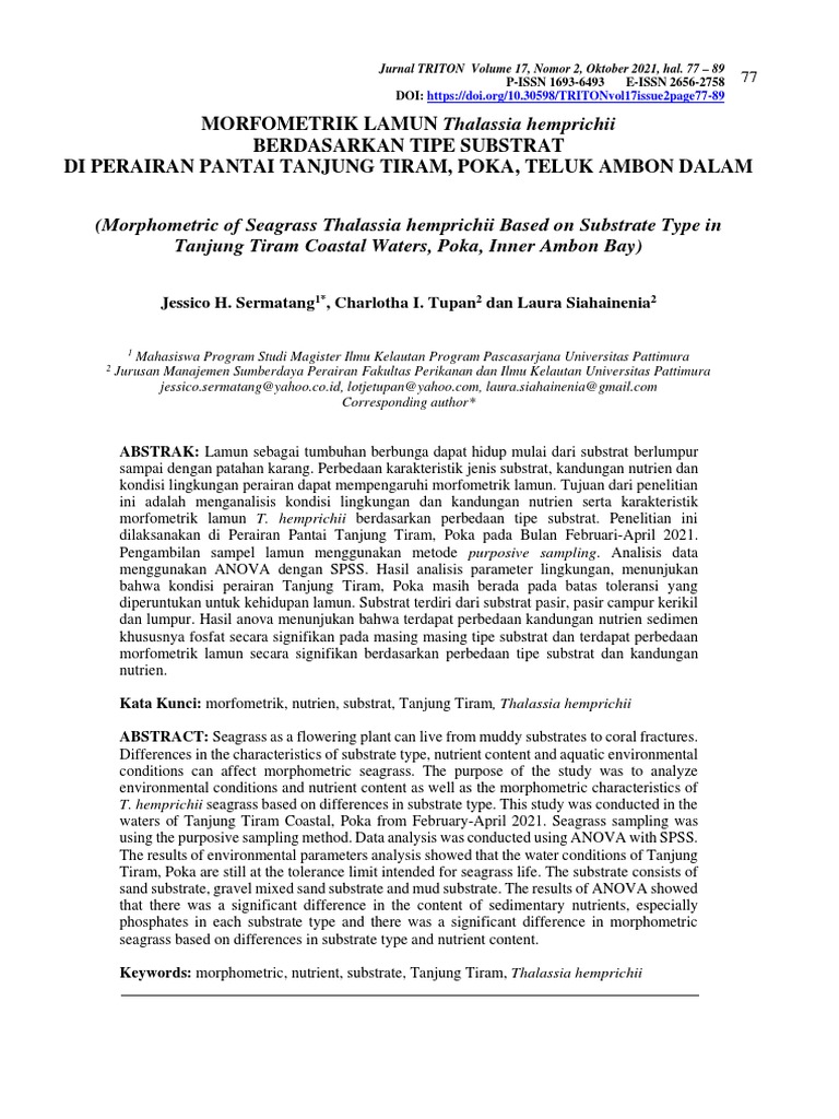Morfometrik Lamun Thalassia Hemprichii B B74da088 | PDF | Griya & Taman | Sains & Matematika