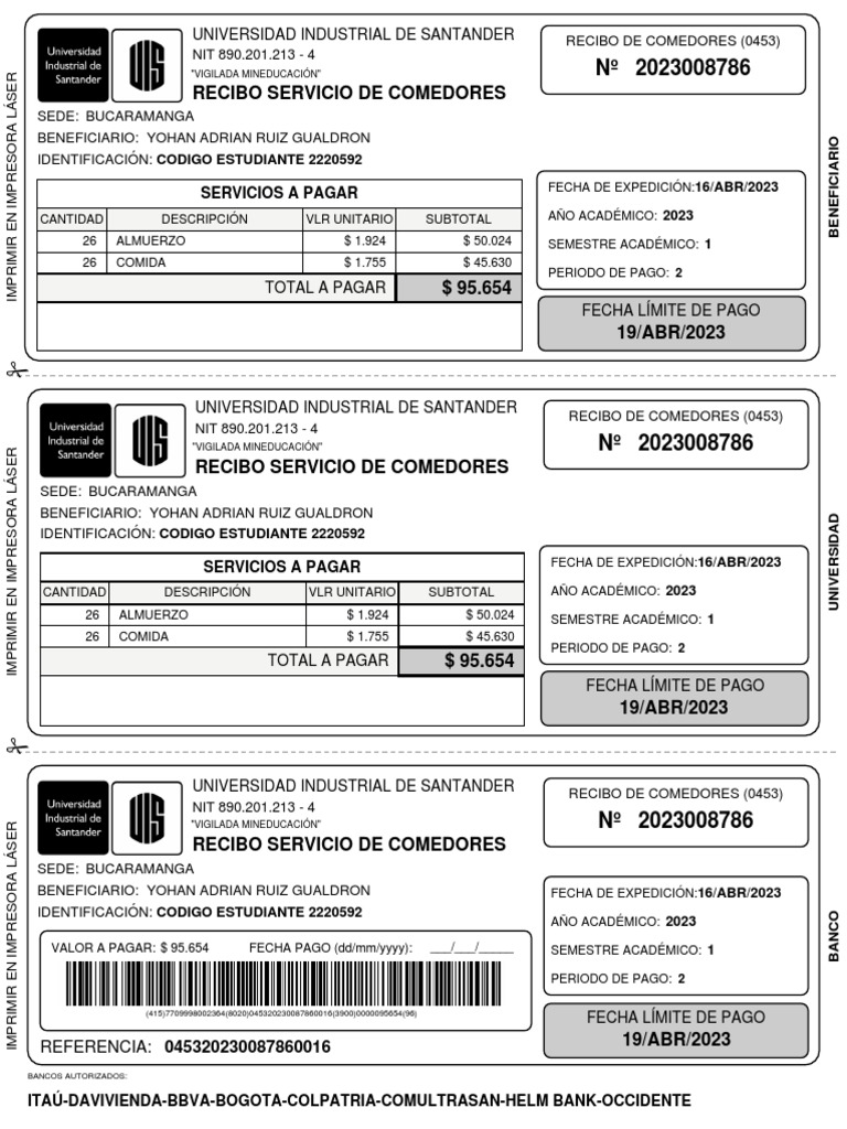 Recibo Servicio de Comedores: Codigo Estudiante 2220592 | PDF