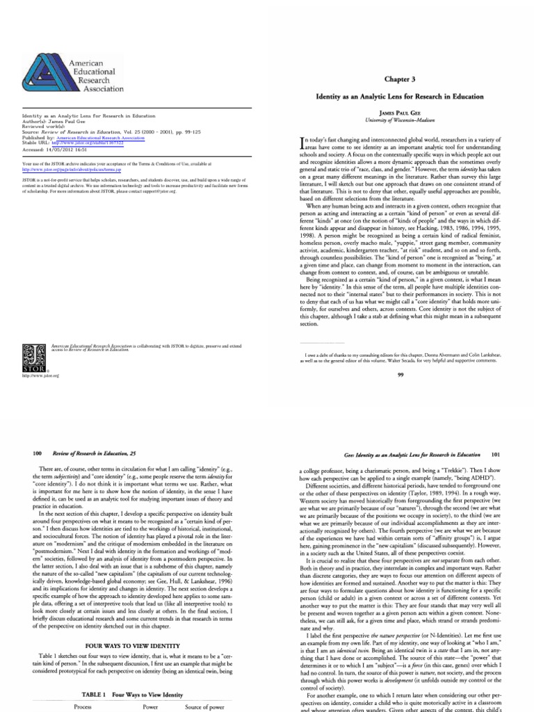 Identity As An Analytic Lens For Research in Education | PDF | Identity ...