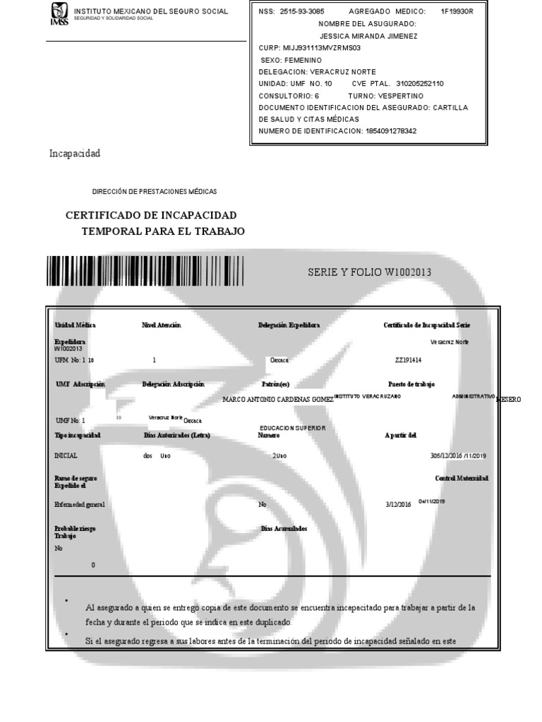 Justificante Incapacidad Imss Autoguardado | PDF