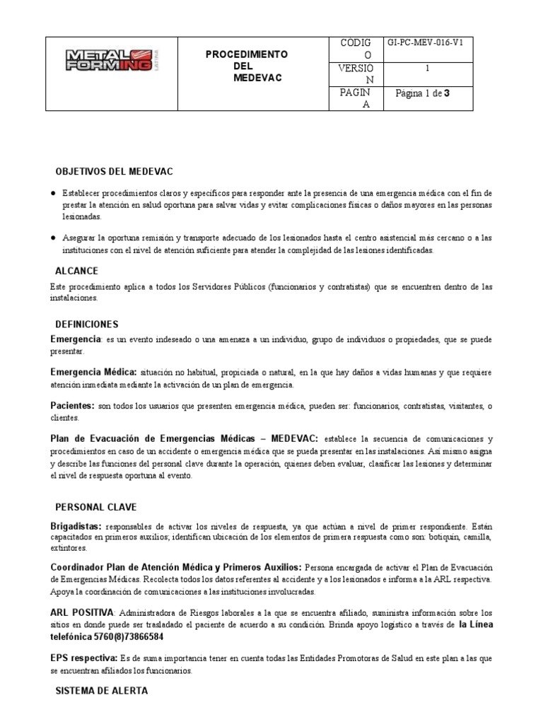 Procedimiento Medevac | PDF | Lesión | Enfermedades y trastornos humanos