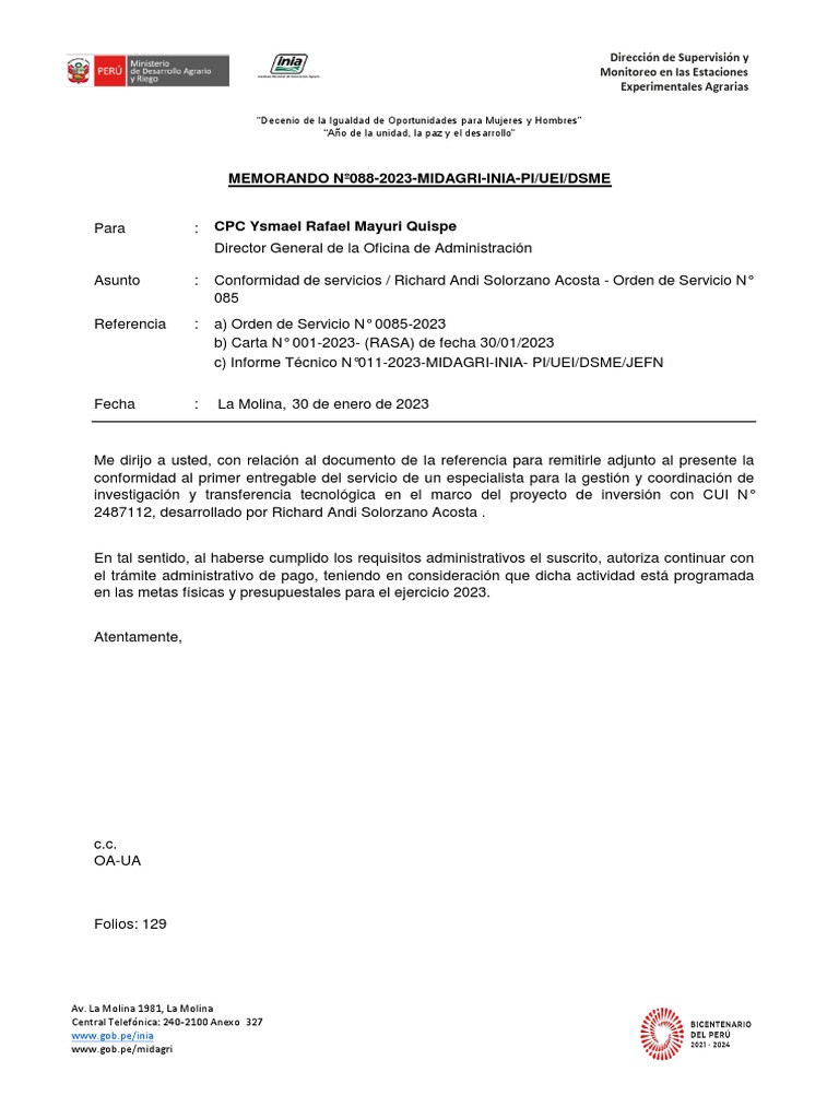 Memorando #088-Conformidad de Orden de Servicio #085 - Richard Andi Solorzano Acosta - Primer ...
