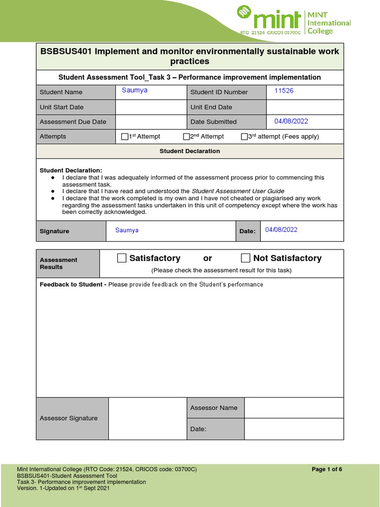 BSBSUS401 SAT Task 3 Performance Improvement Implementation Ver. 1 2 ... BSBSUS401 SAT Task 3 Performance Improvement Implementation Ver. 1 2 ...