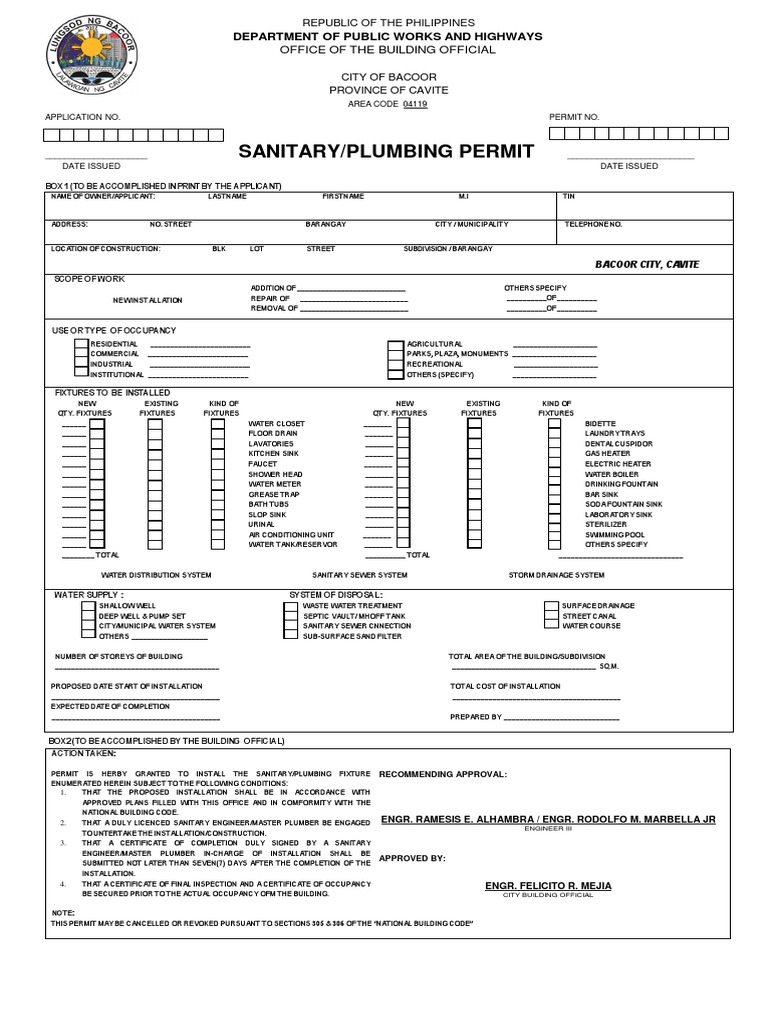 Sanitary/Plumbing Permit: Department of Public Works and Highways | PDF ...