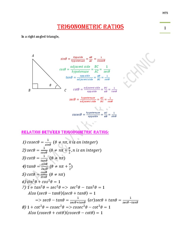 Trigonometric Ratios: in A Right Angled Triangle | PDF | Trigonometric ...