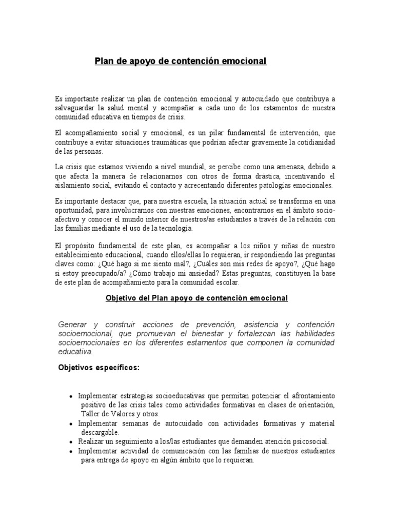 Plan de Apoyo de Contención Emocional | PDF | Las emociones | Salud mental