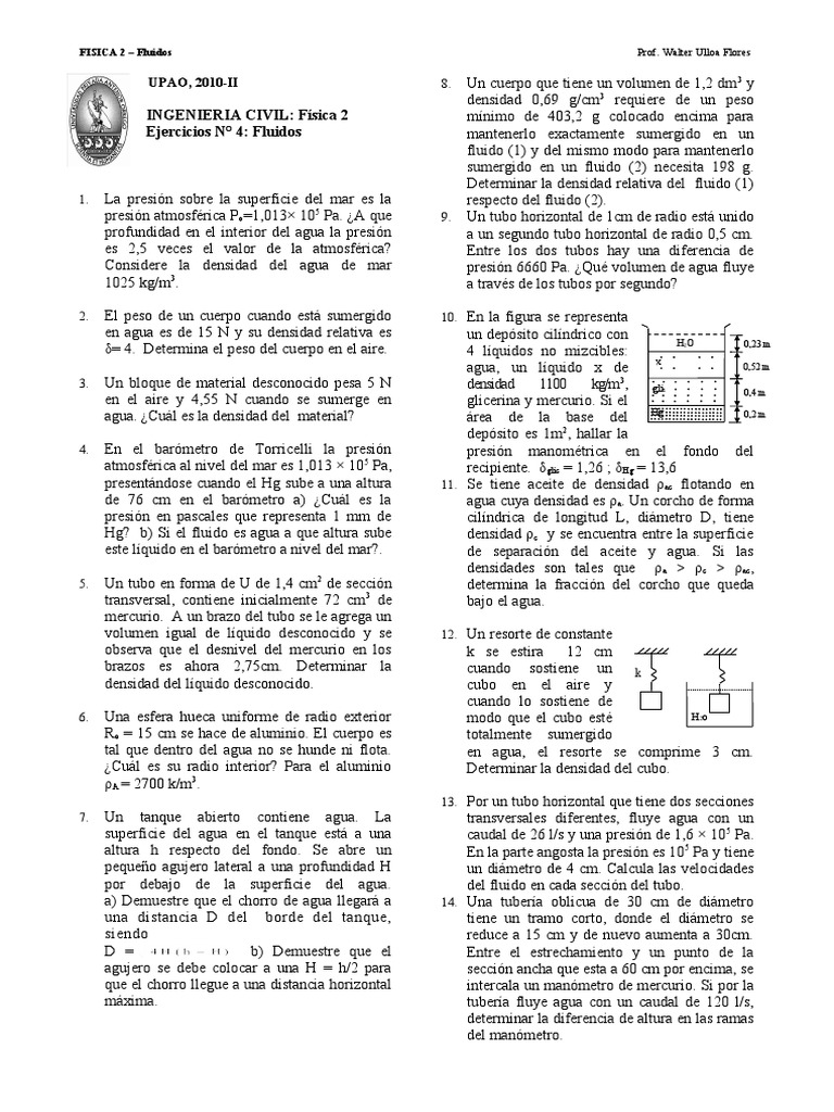 EJERCICIOS 4 (Fluidos) | PDF | Presión | Descarga (hidrología)