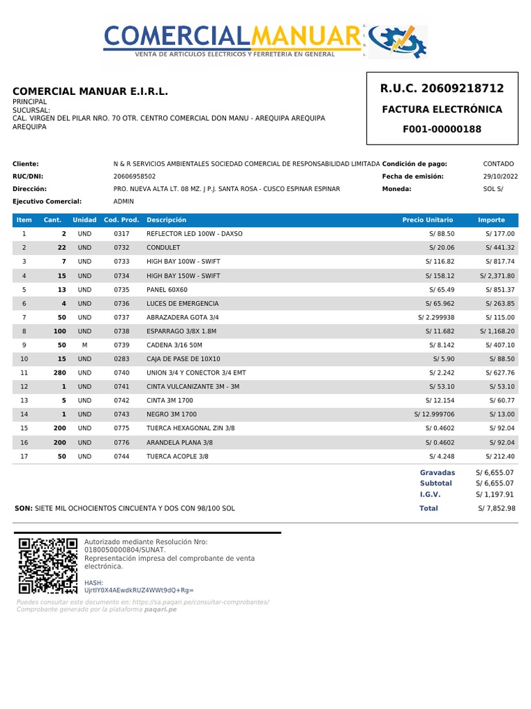 Comercial Manuar E.I.R.L.: Factura Electrónica F001-00000188 | PDF ...