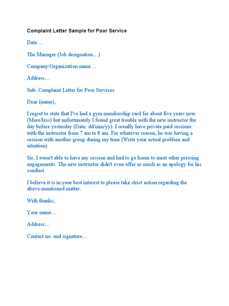 Complaint Letter Sample For Poor Service | PDF