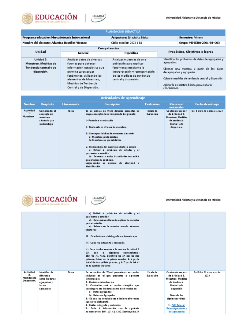 Plantilla para Planeación Didáctica Unidad 3 2023 | PDF | Muestreo ...