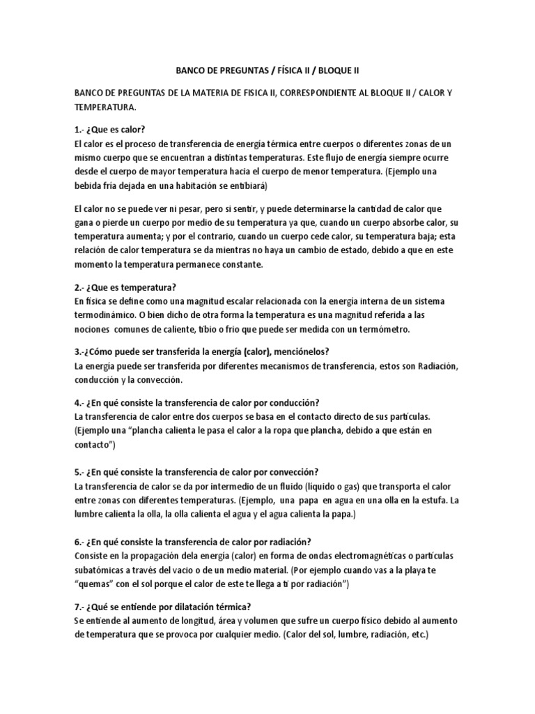 Preguntas Conceptuales para El Bloque II Fisica II | PDF | Calor | Temperatura