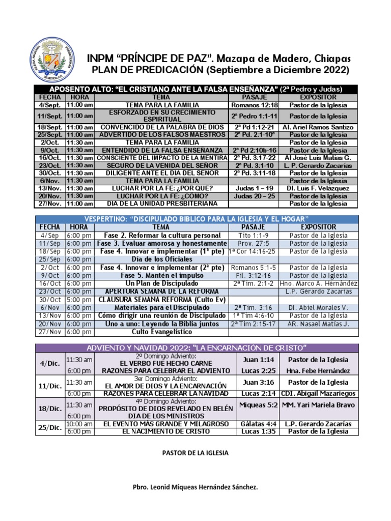 INPM "PRÍNCIPE DE PAZ". Mazapa de Madero, Chiapas: PLAN DE PREDICACIÓN ...