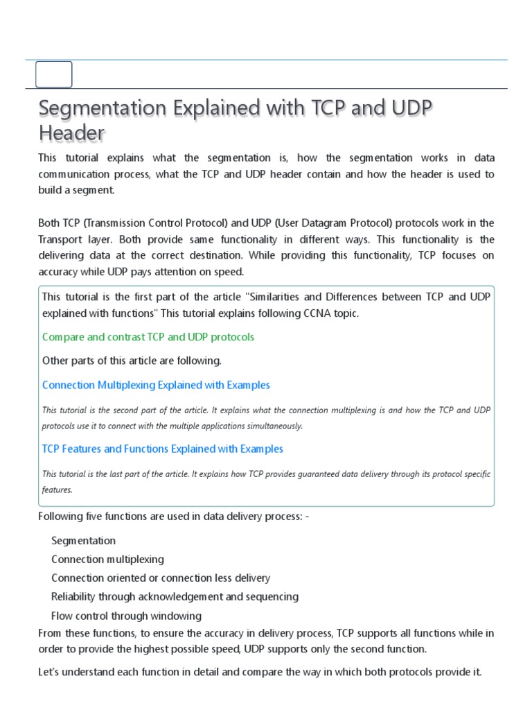 Segmentation Explained With Tcp And Udp Header Pdf Transmission Control Protocol Port 