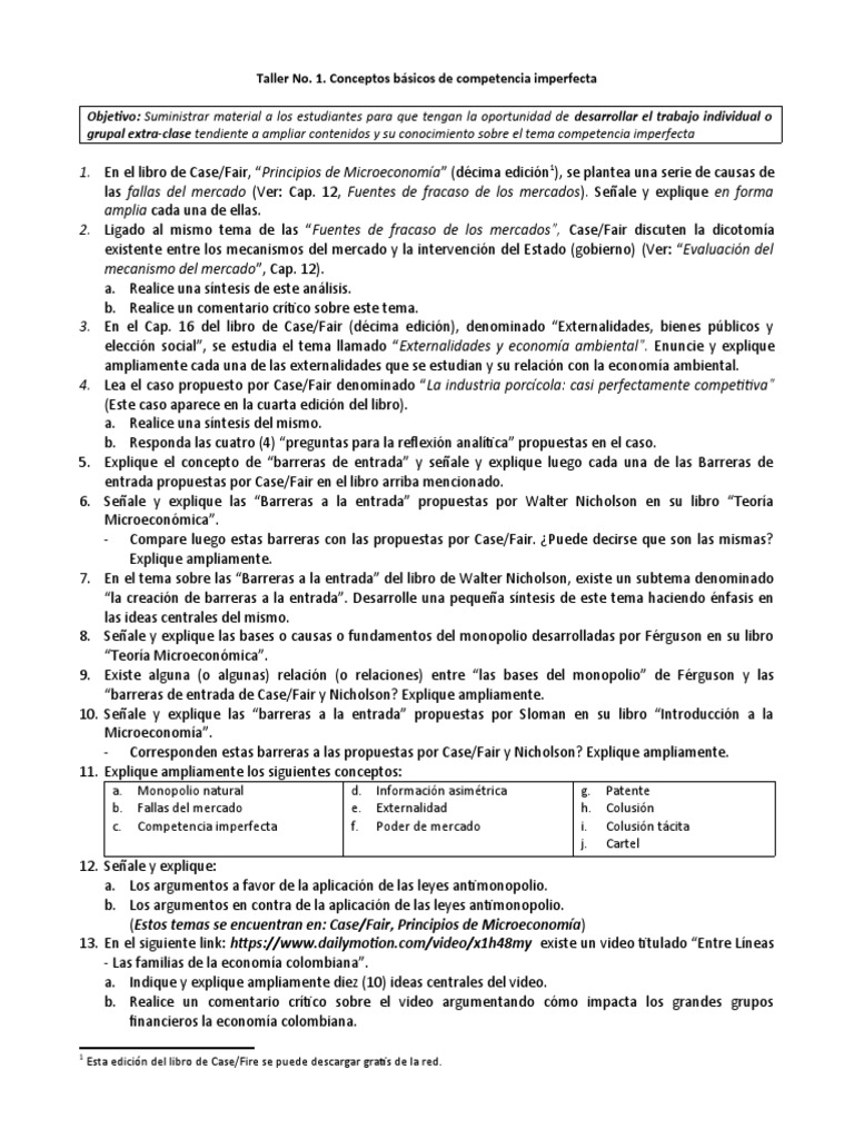 Taller No. 1. Conceptos básicos de competencia imperfecta | PDF | Monopolio | Microeconomía