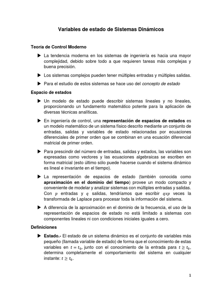 Variables de Estado de Sistemas Dinámicos | PDF | Linealidad | Matriz ...