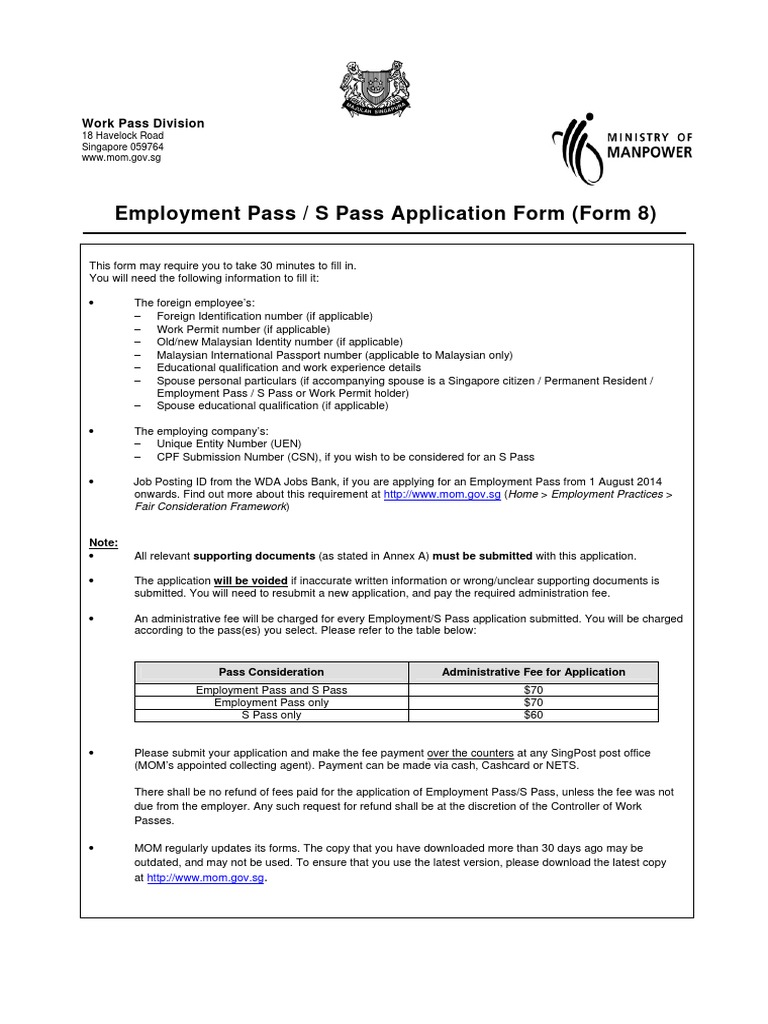 SGP Employment Pass and S Pass Form | PDF | Identity Document ...