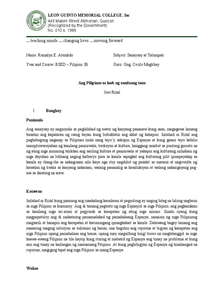 Ang Pilipinas Sa Loob NG San Daang Taon at para Sa Kadalagahan NG Malolos | PDF