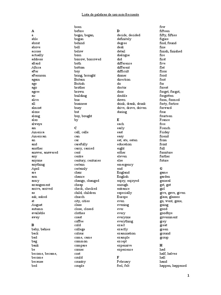 Lista de palabras de uso frecuente | PDF