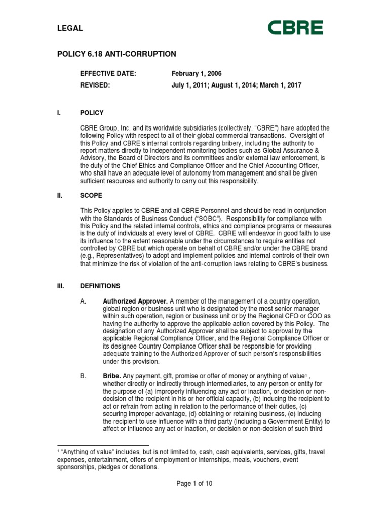 SGP Anti Corruption Policy | PDF | Bribery | Internal Control