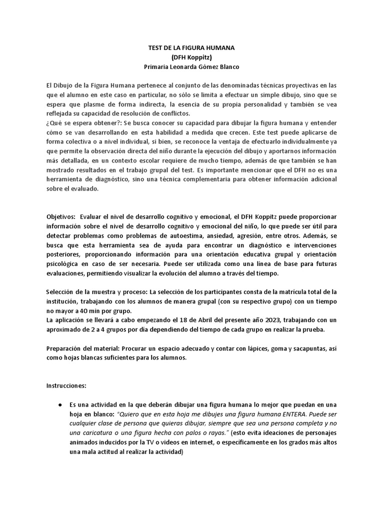 TEST DE LA FIGURA HUMANA (DFH Koppitz) | PDF | Dibujo | Desarrollo ...