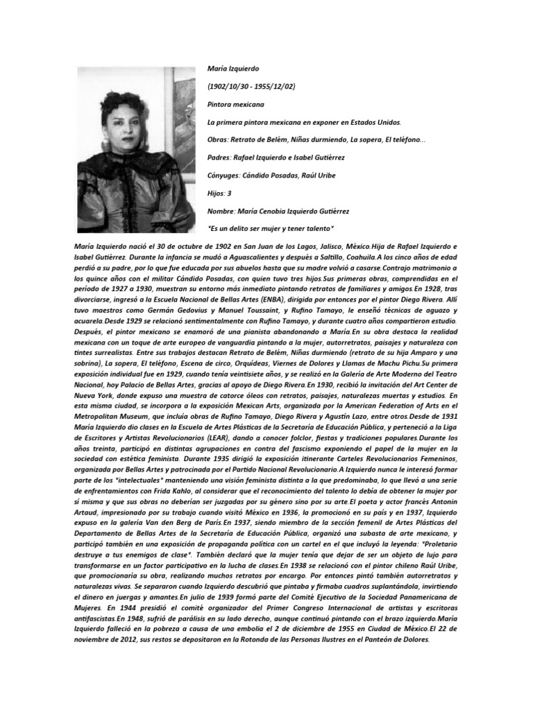 Biografía de María Izquierdo, pintora mexicana | PDF