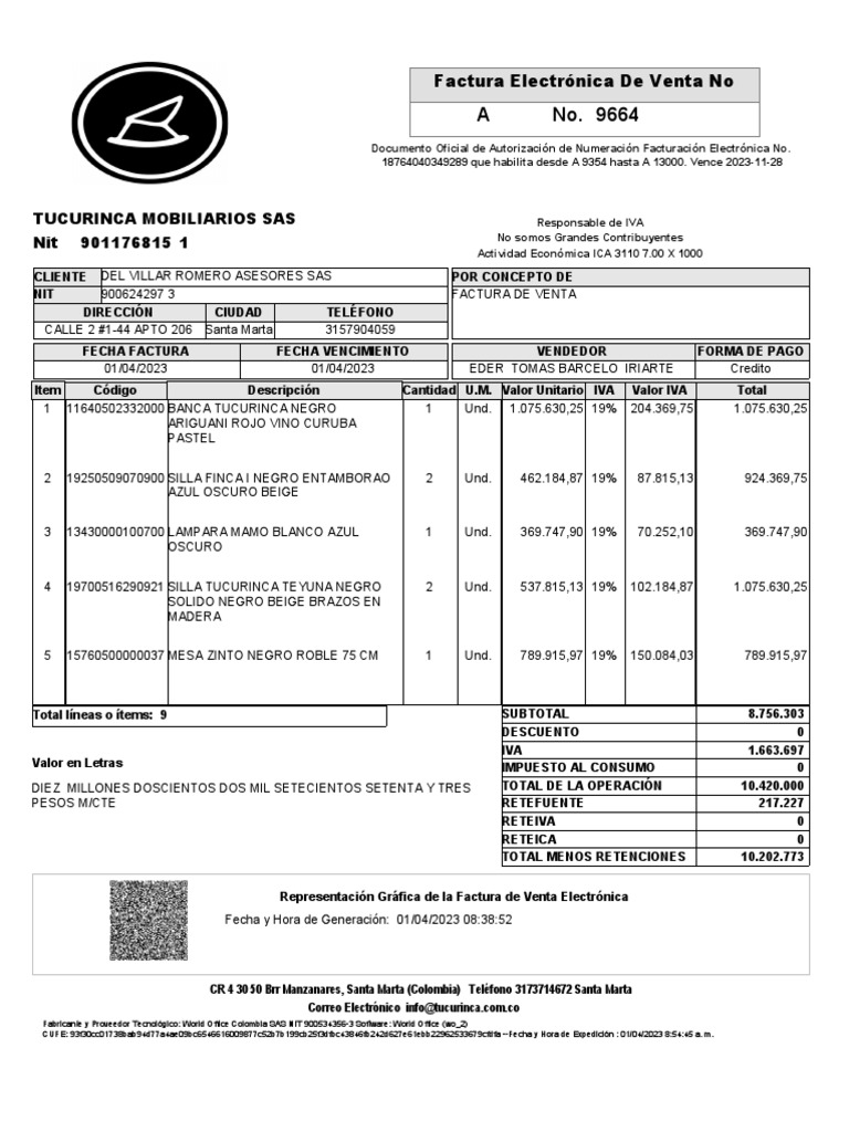 Nit Tucurinca Mobiliarios Sas 1: Factura Electrónica de Venta No | PDF ...