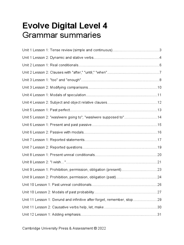 Evolve Digital Level 4 Grammar Summaries | PDF | Verb | Question
