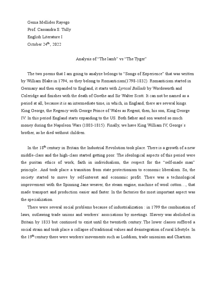 The Lamb Vs The Tyger Analysis | PDF | Poetry
