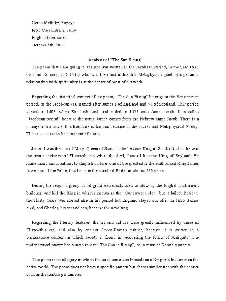 The Sun Rising Analysis | PDF | Poetry | James Vi And I