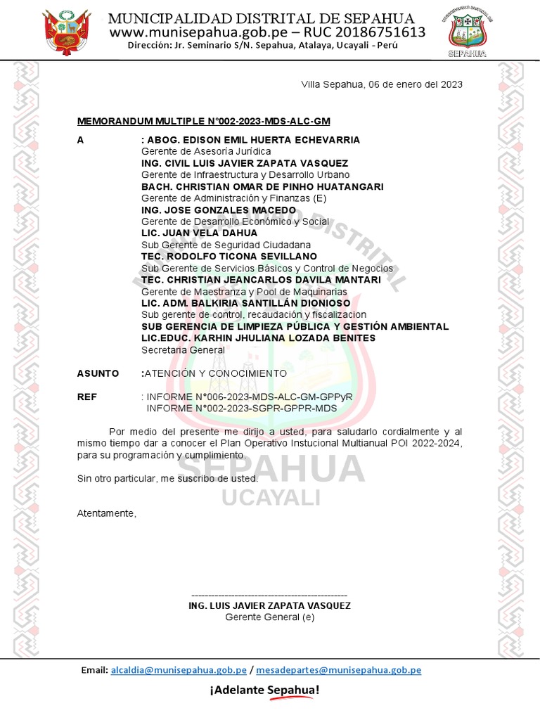 Memorandum Multiple N°002-2023-Alc-Mds-Gm - Poi | PDF