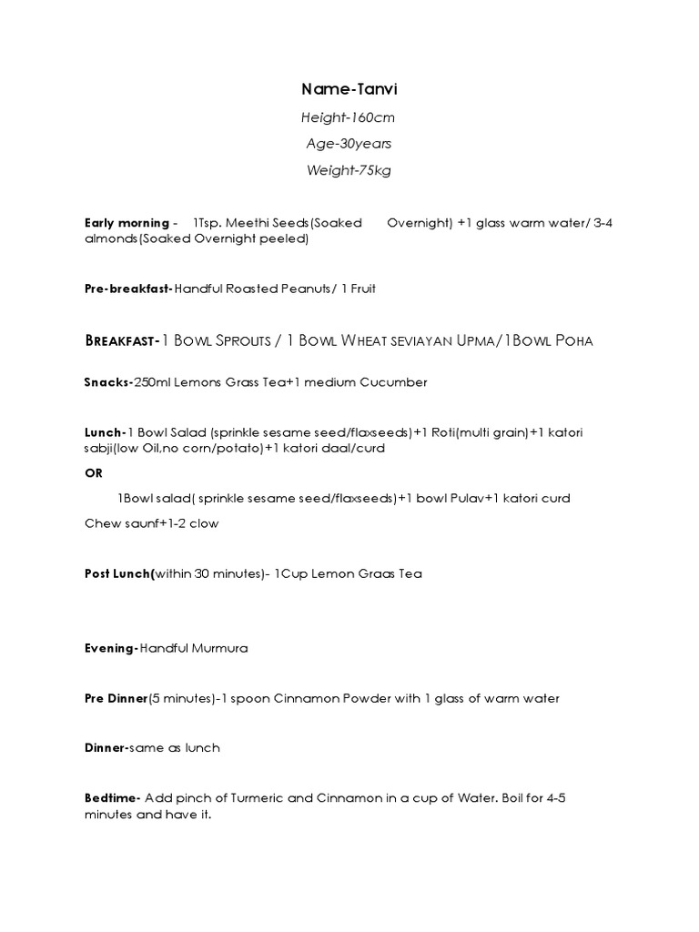 Daily Meal Plan And Diet For 30 Year Old Female Named Tanvi Who Is