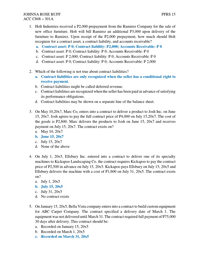 A. Contract Asset: P 0 Contract Liability: P2,000 Accounts Receivable ...