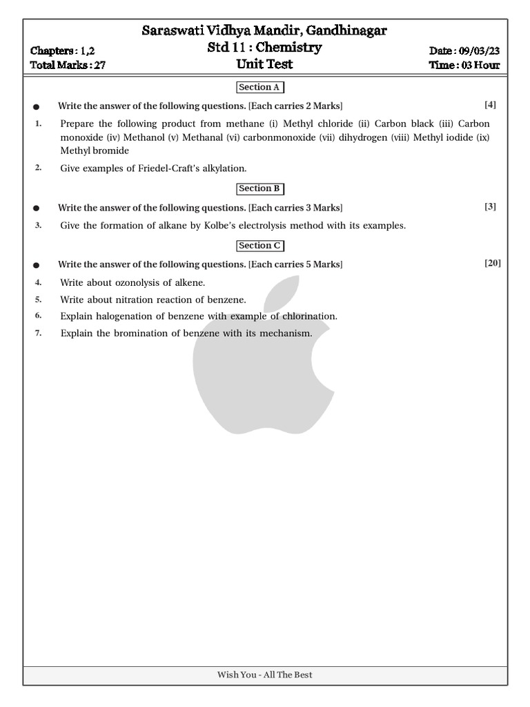 Section A //X Write The Answer of The Following Questions. (Each Carries 2 Marks) | PDF | Methyl ...
