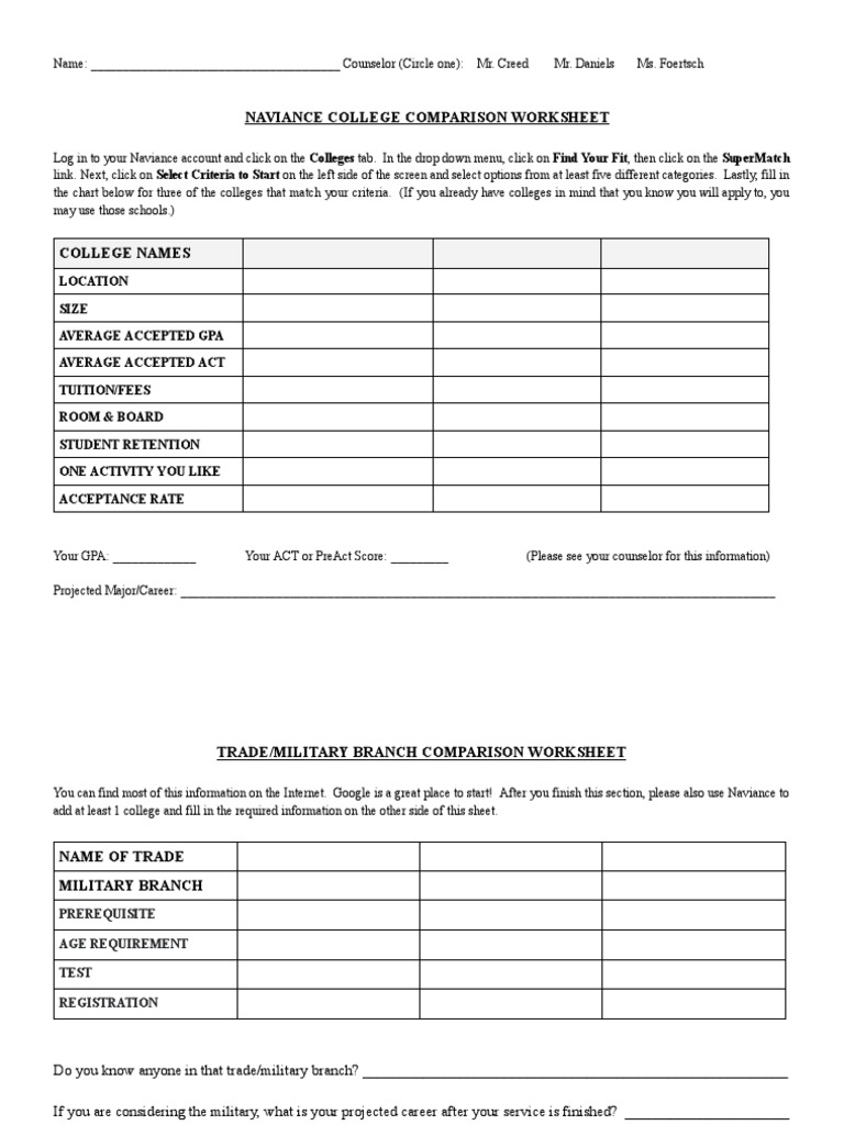 Naviance College Comparison Worksheet | PDF