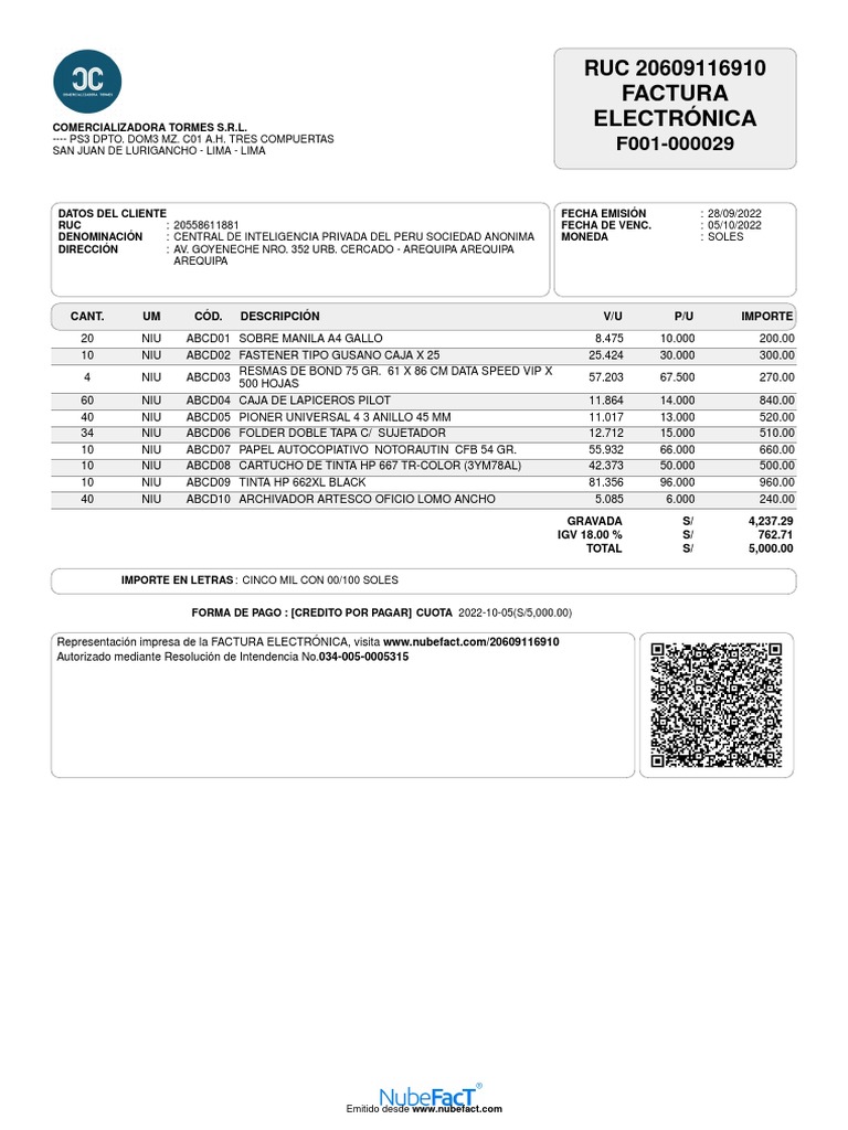 Factura Electrónica: Cant. UM Cód. Descripción V/U P/U Importe | PDF