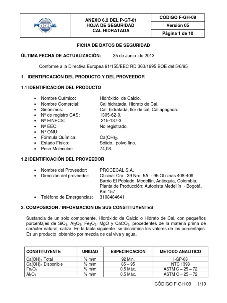 Hoja de Seguridad de Cal Hidratada | PDF | Agua | Calcio