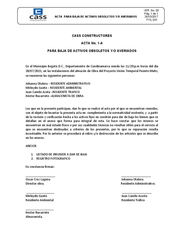 ACTA DE BAJA No.1-A 2021 - Noviembre | PDF