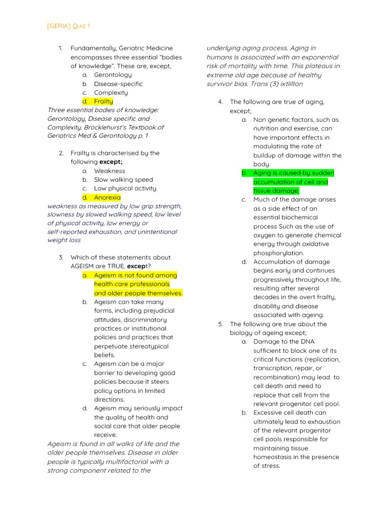(GERIA) Quiz 1 | PDF | Dementia | Geriatrics