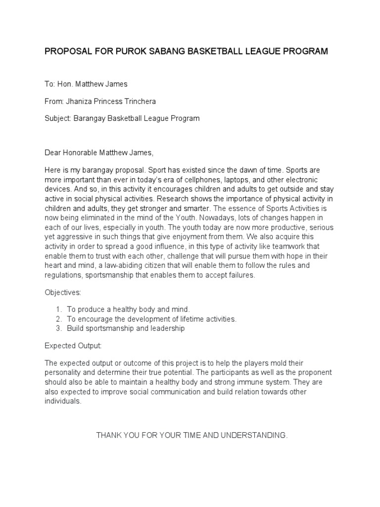 Proposal For Purok Sabang Basketball League Program | PDF | Career ...