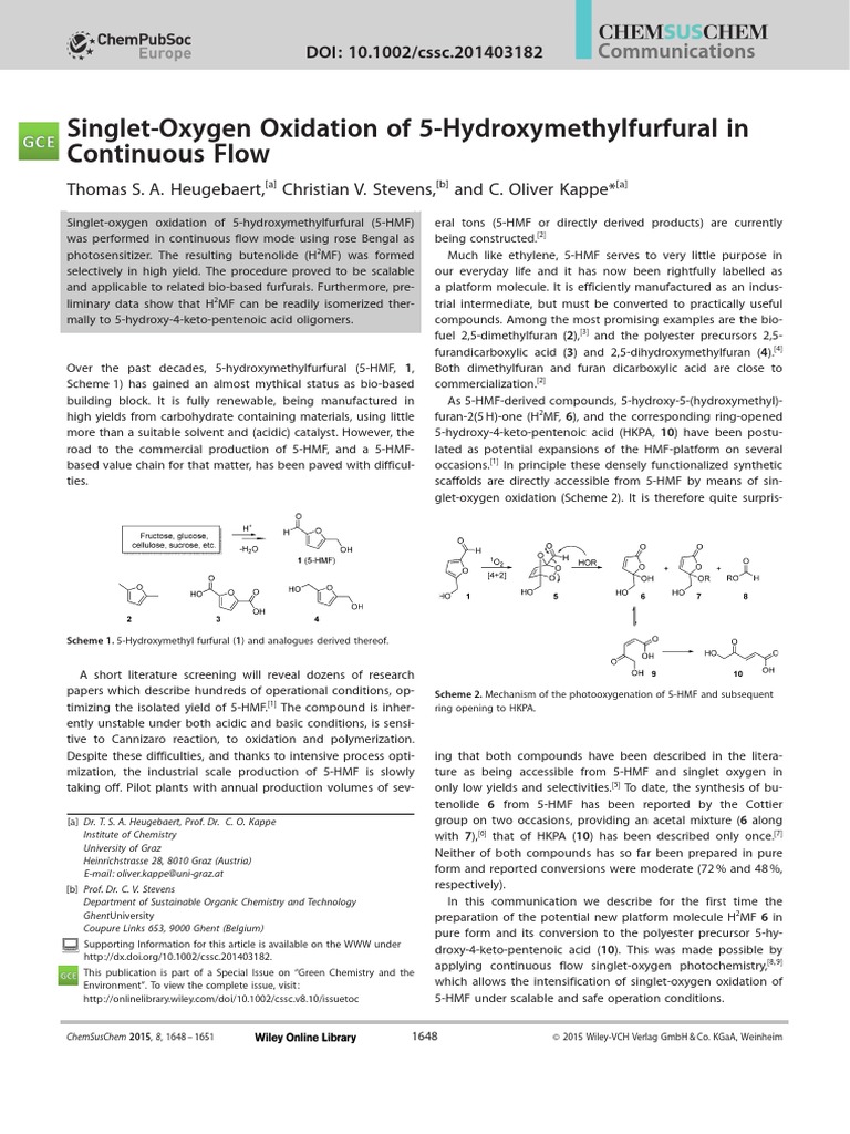 Singlet-Oxygen Oxidation of 5-HMF in Continuous Flow | PDF | Pyridine ...