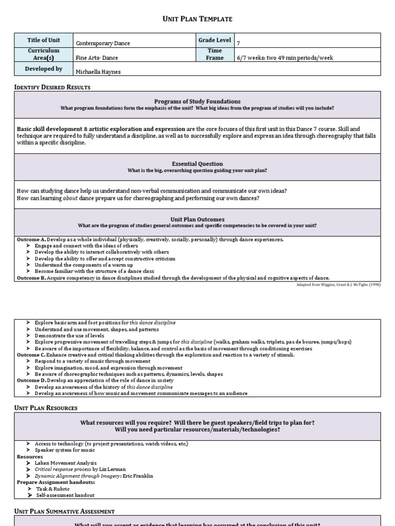 Dance 7 Unit Plan | PDF | Educational Assessment | Dances