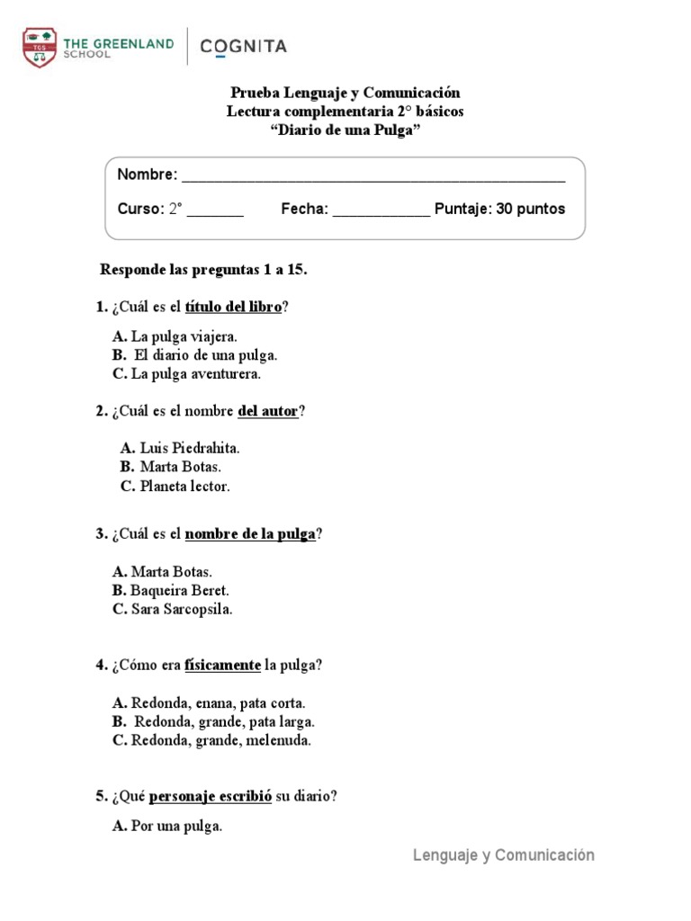 Prueba de Lenguaje El Diario de Una Pulga. | PDF
