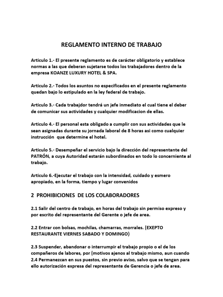 Reglamento Interno de Trabajo | PDF | Salario